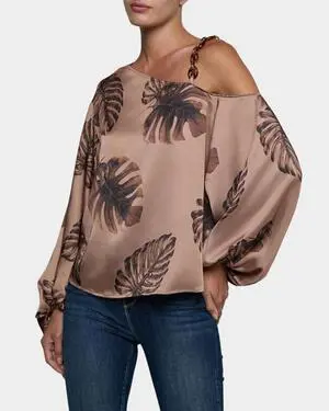 L & APOS;AGENCE Asami Botanical-print Satin Blouse - Hazelnut Multi