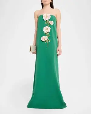 Lela Rose Peony Embroidered Strapless Crepe Gown