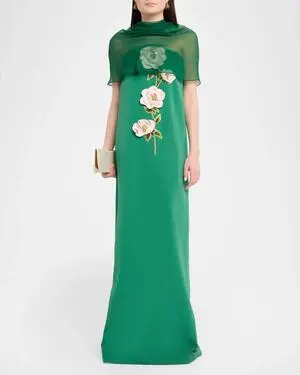 Lela Rose Silk Chiffon Capelet - Fern