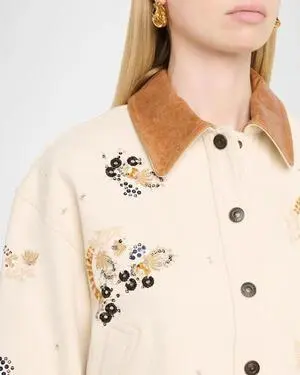 Isabel Marant Étoile Lavine Embroidered Cotton Leather-collar Barn Jacket - Ecru