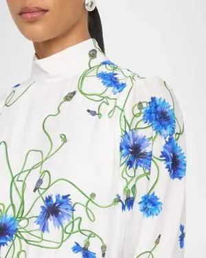Stella McCartney Floral Print Seersucker Long-sleeve Midi Dress - Cornflower