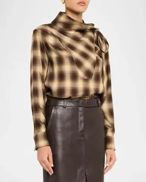 Co Plaid Mock-neck Long-sleeve Blouse - Brown