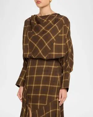 Co Draped Batwing Check-print Tunic Top - Chocolate