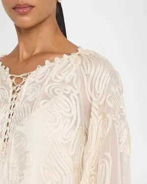 Kobi Halperin Florence Embroidered Lace-up Blouse - Ecru