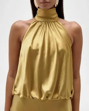 Amsale Long Satin Halter Blouson Gown - Moss