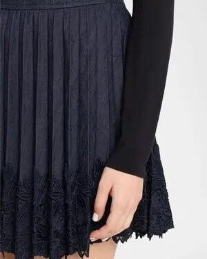 Cinq À Sept Laney Pleated Denim Lace Mini Skirt