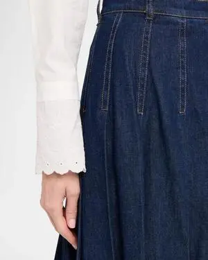 Max Mara Pleated Cotton Denim Midi Skirt