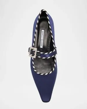 Manolo Blahnik 30mm Zaera Satin Mary Jane Pumps - Navy