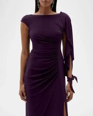 Amsale Asymmetric Cap-sleeve Ruched Long Gown