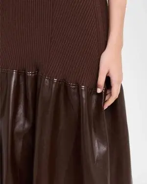 ET OCHS Sabine Strapless Rib Knit & Faux Leather Maxi Dress - Mocha