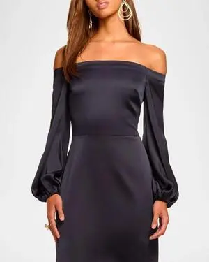 Ramy Brook Shiyan Off-shoulder Stretch Satin Midi Dress - Navy