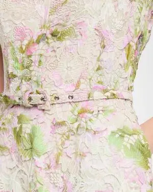 Monique Lhuillier Printed Tulip Lace Sleeveless Belted Midi Dress - Carnation