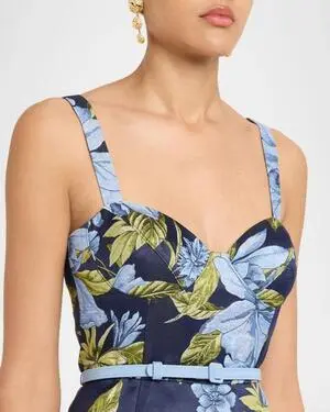 Aidan Mattox Floral Jacquard Sweetheart Midi Dress - Blue Multi