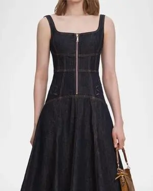 SELF-PORTRAIT Embroidered Denim Midi Dress