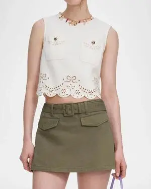 SELF-PORTRAIT Embroidered Denim Sleeveless Top - Ecru