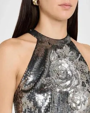 UNGARO Maris Floral Sequin Halter Mini Dress - Silver