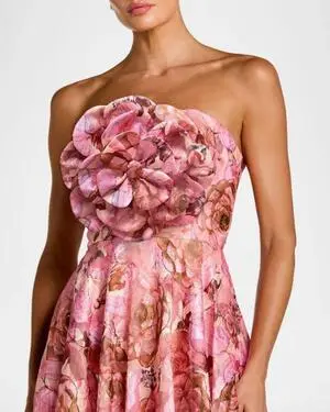Mac Duggal Strapless Floral A-line Gown W/ 3d Flower