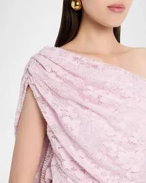 SELF-PORTRAIT Rhinestone Lace Asymmetric Drape Top - Pink
