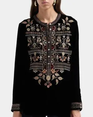Johnny Was Floral-embroidered Velvet Henley Tunic