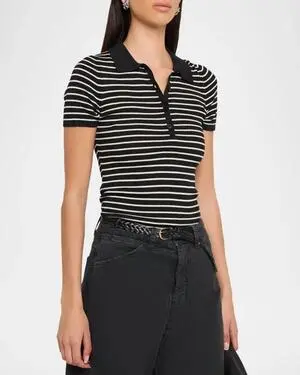 NILI LOTAN Fenna Striped Short-sleeve Polo Shirt - Black/thin