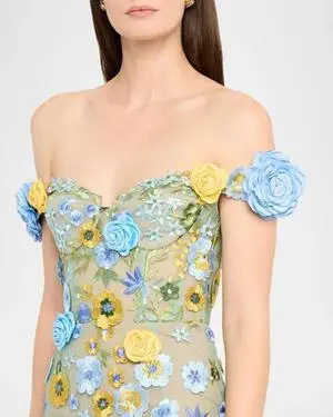 BRONX BANCO Jasmine Off-shoulder Floral Applique Gown