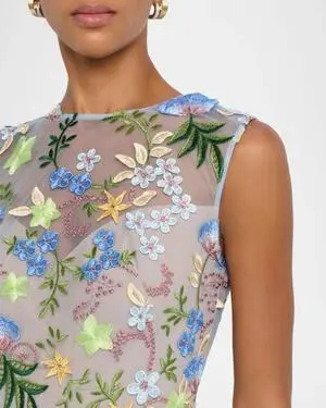 BRONX BANCO Saba Beaded Floral Applique Midi Dress - Blue Multi