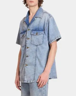 Balmain Apos;s Cotton Denim Camp Shirt - Blue