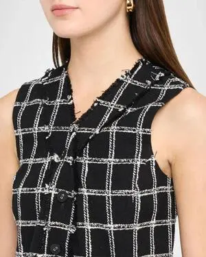 Thom Browne V-neck Frayed Windowpane Tweed Mini Cardigan Dress - Black