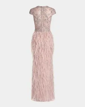 Mac Duggal Beaded Feather-trim Column Gown