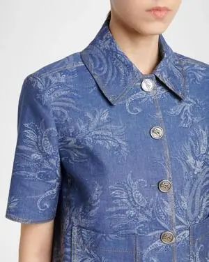 Etro Paisley Denim Jacquard Short-sleeve Shirt - Azzurro