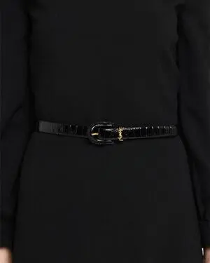 Saint Laurent Cassandre Croco-embossed Leather Thin Belt - Black