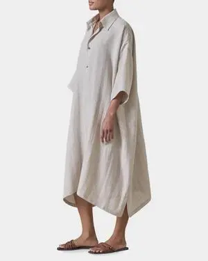 Eskandar Metallic Linen Wide A-line Short-sleeve Shirtdress With Collar - Natural