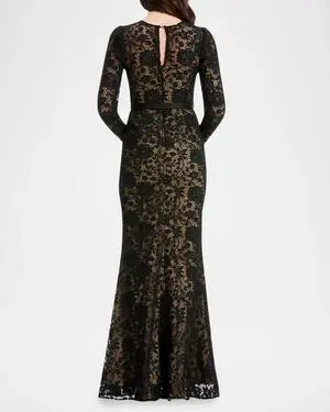 Dress The Population Tamra Belted Floral Lace Mermaid Gown - Black