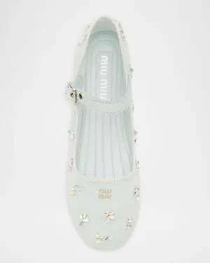 Miu Miu Embellished Canvas Mary Jane Ballerina Flats - Blue