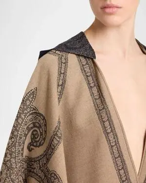 Etro Degrade Paisley Wool Jacquard Fringe Hooded Cape - Printed Bl