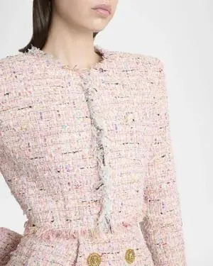 Balmain Speckled Tweed Fringed Crop Open Jacket