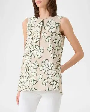 Akris Papercut Flower Print Cotton Poplin Sleeveless Tunic Blouse - Beige/cream