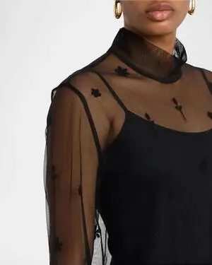 TOTEME Turtleneck Floral Tulle Long-sleeve Blouse