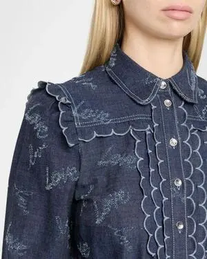 MAISON COMMON Belted Embroidered Chambray Midi Shirtdress