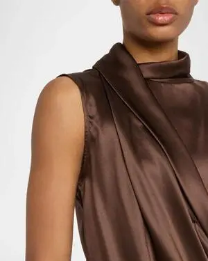Brunello Cucinelli Silk Draped Sleeveless Blouse - Brown