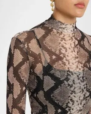 Lapointe Snakeskin-print Mesh Mock-neck Bodysuit - Python Pri