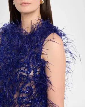 Lapointe Sleeveless Feather Sequined Tulle Crop Top
