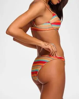 Ramy Brook Isla Glitter Striped Bikini Bottoms Flame Glit