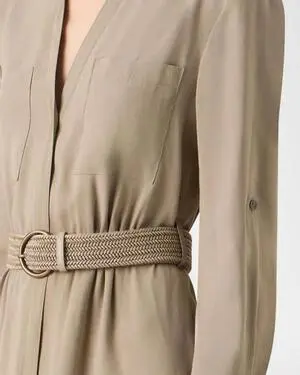 Akris Long-sleeve Belted Viscose Twill Midi Shirtdress - Beige