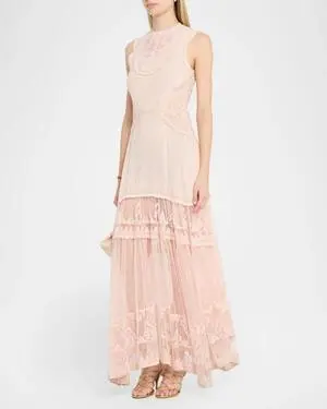 Ulla Johnson Floral Lace Silk Crepe De Chine Gown