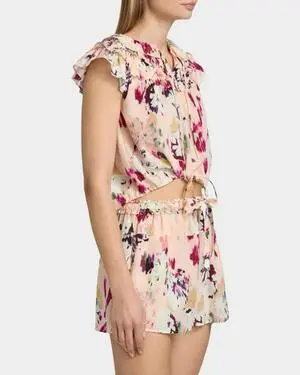 Ulla Johnson Eleonore Floral Ruffled Silk Tieneck Top - Summer Gar