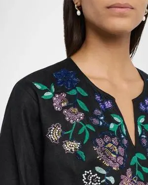 Johnny Was Beaded Floral Split-neck Linen Blouse