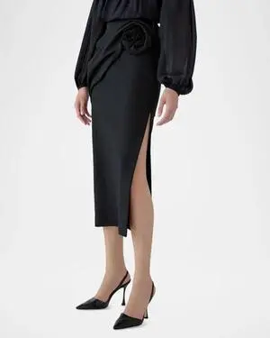 Carolina Herrera Draped Rose Slit Midi Skirt - Black