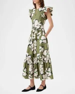 Akris Papercut Flower Cotton Ruffle Belted Midi Dress