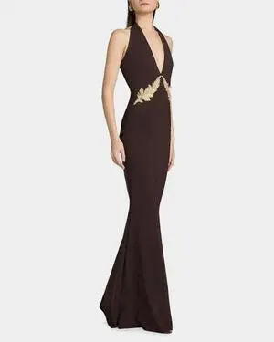 Chiara Boni La Petite Robe Yanar Beaded Mermaid Halter Gown - Brown
